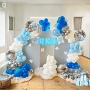 winter chrome blue and silver white balloon garland arch kit with blue pearl white disco ball balloons for boy baby shower birthday 2025 graduation prom party decorations (blue silver white)