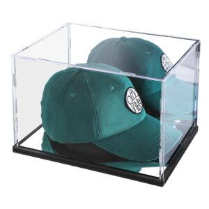 clear hat display case with mirror background,acrylic baseball cap holder stand transparent hat storage box dustproof square uv protection cabinet with mirror base(10.2x8.2x7 inch)