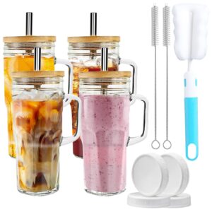 yuanye 4 piece 24oz mason handle glass cups with lids and straws -drinks enthusiasts essential glasses drinking set, perfect for iced coffee and beer,fruit water，tea and coffee