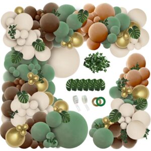 perpaol 148pcs woodland safari jungle wild one balloon garland arch kit sage green and brown sand white balloons with palm leaves for tropical boho birthday party supplies baby shower decorations