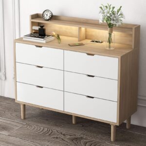 bonzy home 6 drawer dresser with charging station, wooden chest of drawers with led light for closet hallway, living room, entryway, white