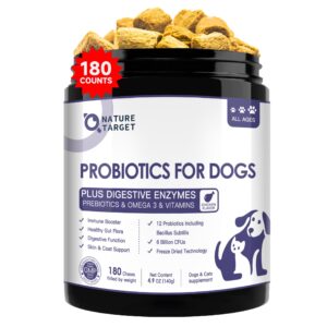 probiotics for dogs, 6 billion cfus, freeze dried dog probiotics with prebiotics and enzymes for diarrhea, gas, vitamins and omega 3 for skin & immune health, allergy itch relief, 180 count