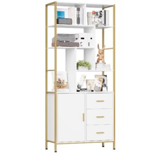 botlog 71.2 inch tall bookshelf, bookcase with door and 3 drawers, floor standing display storage shelves for home office, living room