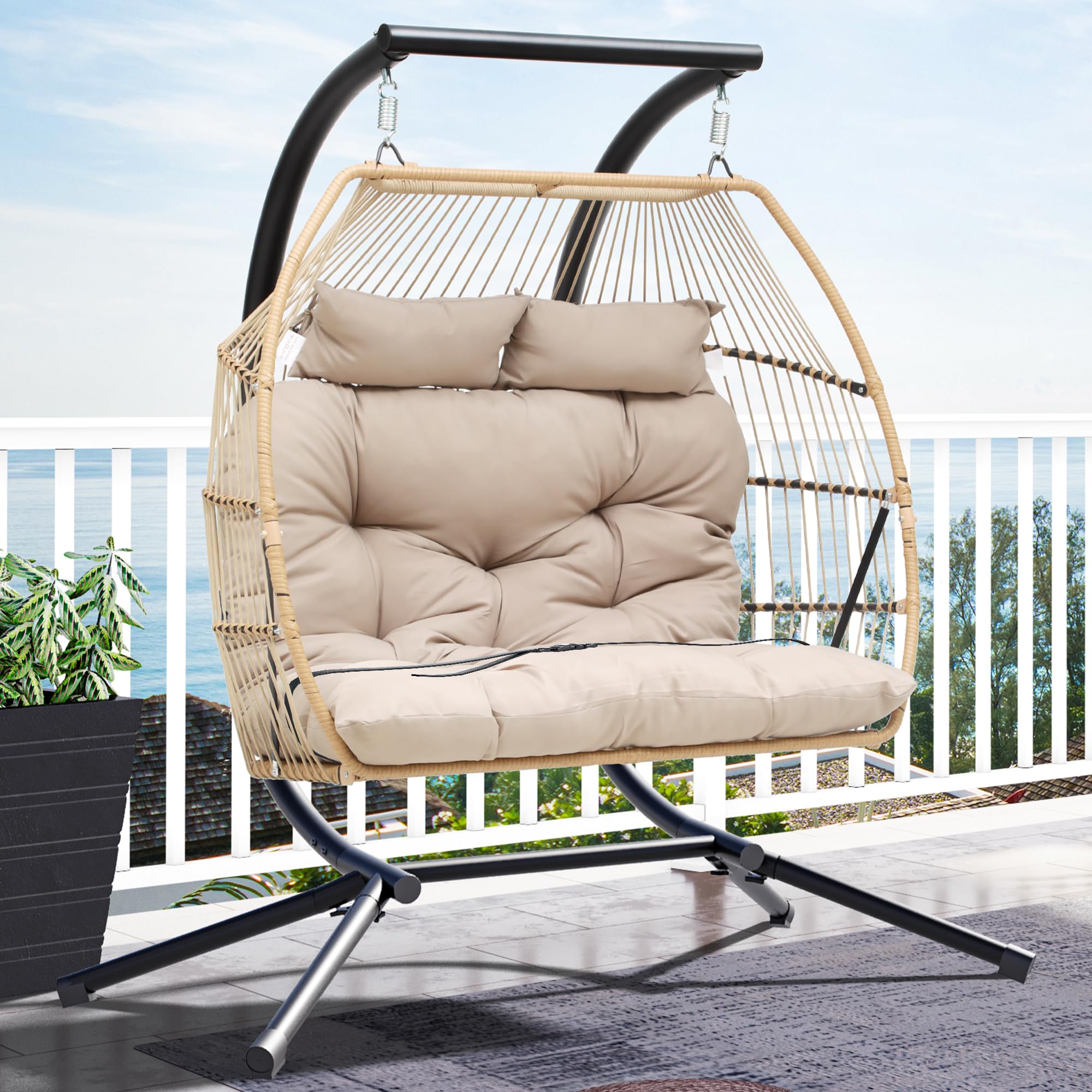 YITAHOME Hanging Egg Swing Chair with Stand Egg Chair Wicker Indoor Outdoor Hammock Egg Chair with Cushions 550lbs for Patio, Bedroom, Garden and Balcony, Khaki(Stand Included)