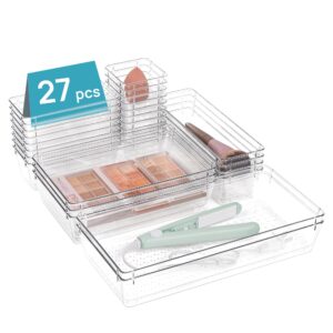 vtopmart 27 pcs clear plastic drawer organizers set, 5-size bathroom and vanity drawer organizer trays, acrylic storage bins for makeup, kitchen utensils, gadgets, large size office desk organizers