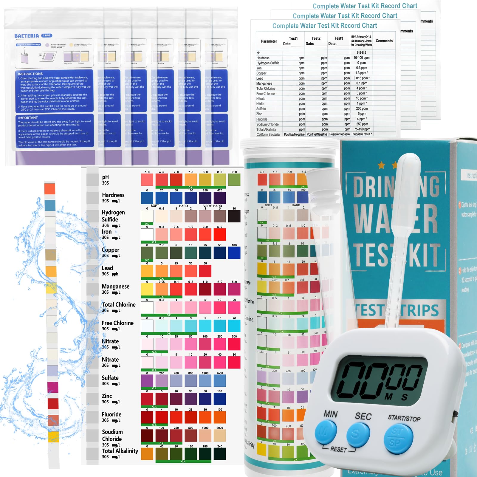 125+13Pcs 17in1 Drinking Water Test Kit, Luxiv 125P Water Quality Test Strips 6P E. coli Test Strips with Recording Paper, Timer Home Tap Well Water Test Kit for Lead Iron Copper Chlorine Fluoride PH