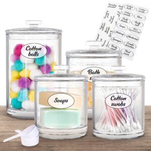 premium clear acrylic apothecary jars with lids for bathroom & laundry room - multipurpose bathroom canisters with scoops & labels - laundry containers for pods & dryer sheets - assorted 4 pack