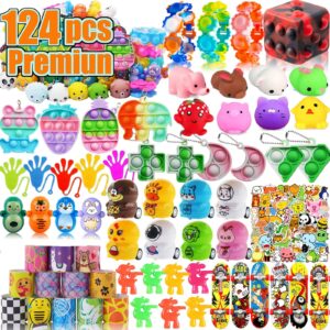 124 pcs pop party favors for kids, fidget treasure box toys, classroom prizes, pinata filler goodie bag stuffers,treasure chest, carnival prize box bulk toys for boys girls