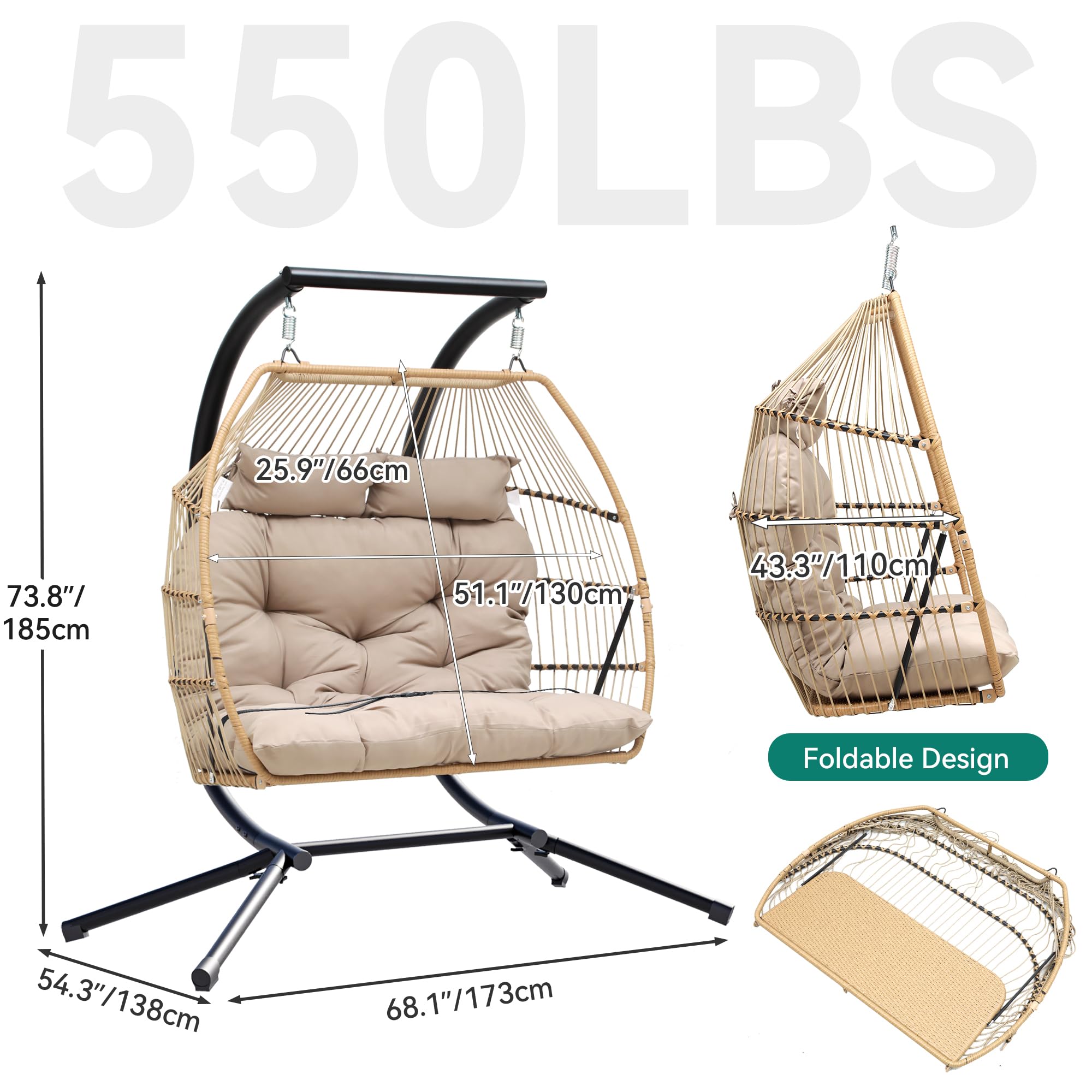 YITAHOME Hanging Egg Swing Chair with Stand Egg Chair Wicker Indoor Outdoor Hammock Egg Chair with Cushions 550lbs for Patio, Bedroom, Garden and Balcony, Khaki(Stand Included)