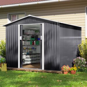 jaxpety 8'x8' garden shed, large metal lockable outdoor storage shed & outdoor storage garden shed tool outdoor storage shed with sliding doors and air vent for backyard, patio, lawn, dark grey