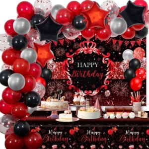 lecheme red and black birthday decorations happy birthday backdrop 66 pcs balloons set red and black birthday party supplies for men women red party decorations for birthday