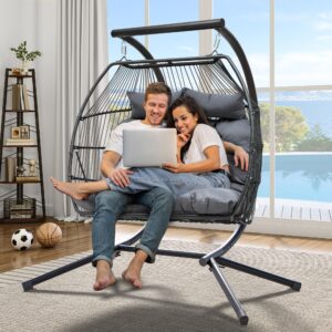 yitahome hanging egg swing chair with stand egg chair wicker indoor outdoor hammock egg chair with cushions 550lbs for patio, bedroom, garden and balcony, dark gray(stand included)