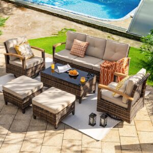 meissalivve patio furniture sets, 6 pieces outdoor rattan furniture conversation sets with 2 wood armrests swivel rocker chairs, 2 ottoman, 3-seat sofa and coffee table(brown)