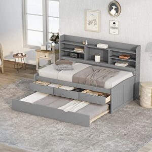 bovza twin size captain bed with 3 storage drawers and trundle, wood twin bed frame with built-in bookshelves for kids teens adults, light gray