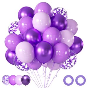 purple balloons purple confetti balloon set, 60pcs 12inch metallic chrome purple balloons lavender lilac balloons dark purple latex balloons for birthday wedding baby shower party decoration