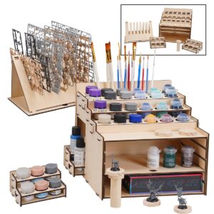 t togush wooden paint organizer for 36 holes of citadel paints and 36 holes of paint brushes with adjustable storage wtih model pieces shelf, miniature stands holder paint rack for miniature paint set