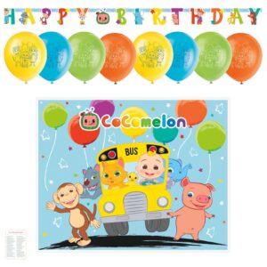 unique cocomelon birthday party decorations bundle - plastic cocomelon backdrop, cocomelon banner, balloons, checklist - cocomelon party supplies