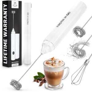 zulay froth n go milk frother rechargeable - 3-in-1 frother wand with case & usb-c charger - comes with 3 whisk attachments for latte, cappuccino, matcha, protein shakes - white