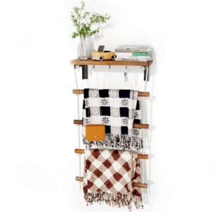 delywh 5 tier wall blanket ladder floating shelves, with rustic rope wooden blanket storage, throw, towel, quilt rack for the living room, bathroom, bedroom, farmhouse wall blanket holder, brown