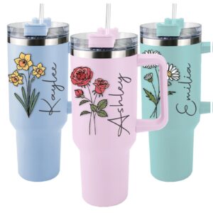 xjoybloush personalized birth flower 40 oz tumbler with handle and straw,custom insulated tumbler with name stainless steel 40oz cups travel coffee mug gifts for women