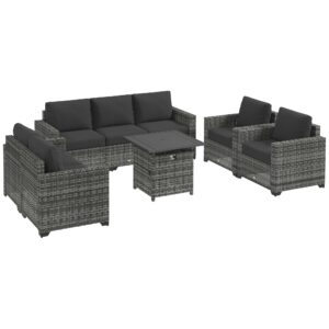 outsunny 5 piece patio furniture set with cushions, outdoor pe rattan wicker conversation sofa set with 30" fire pit coffee table, dark gray