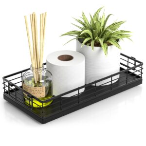 jnfuz toilet paper basket, 13 inch bathroom basket oak and iron toilet tank tray toilet tank basket top of toilet storage toiletries organizer for bathroom, living room and kitchen (black)