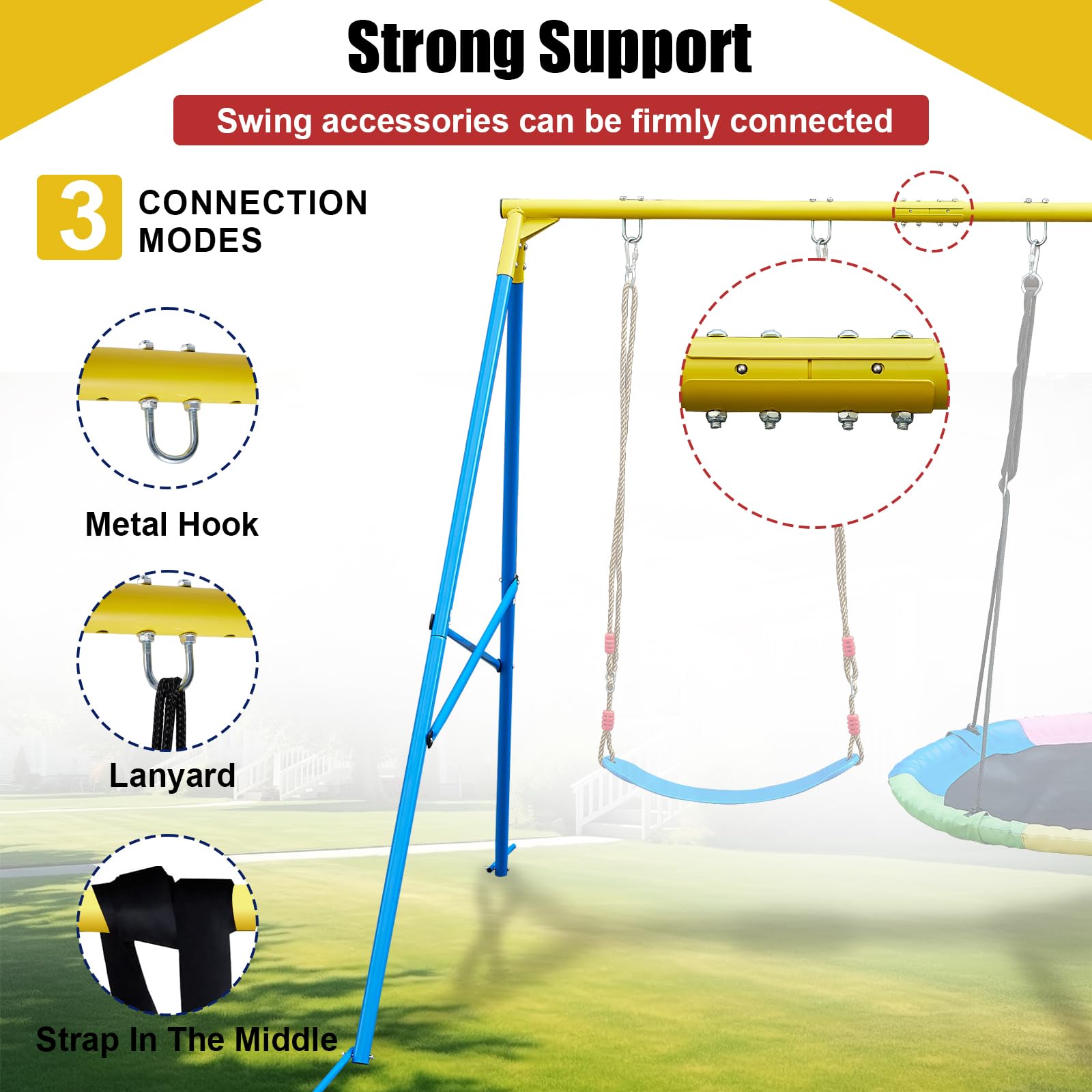 Hishine Swing Stand Metal Frame for Backyard, Heavy Duty Full Steel A-Frame with Ground Stakes, Fits 2 Swings Extra Large Outdoor 550lbs (Bicolor)