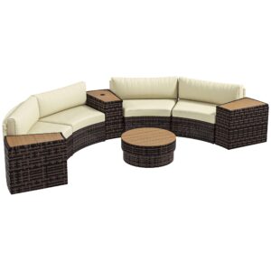 outsunny 8 piece patio furniture set with 4 rattan sofa chairs & 4 tables, outdoor conversation set with storage & umbrella hole for backyard, lawn and pool, mixed brown