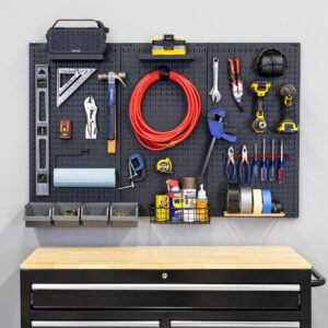 metal pegboard tool organizer, garage wall storage, 3 panel pegboard wall organizer, power tool organizer wall mount, includes 23 storage attachments, solid steel holds 450 lbs, 51 in. x 32 in.