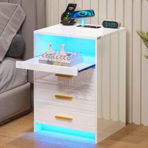 hnebc rgb led nightstand with wireless charging station, smart night stand with 3 drawers and sliding tray, modern bedside table for bedroom furniture, high gloss end sofa tables (white)