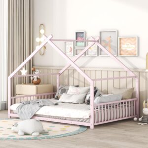 ktatk metal full size house bed with roof and slats support,playhouse design montessori floor bed frame w/headboard & footboard,no box spring needed,for kids girls boys,pink