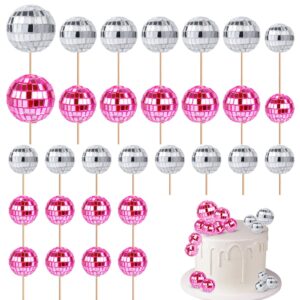 30pcs disco ball cupcake toppers, 70s retro cake decorations with stick shiny mini disco ball picks disco theme party supplies for dessert birthday decorations ornament small (pink, silver)