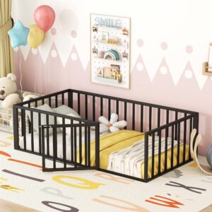 ktatk twin size metal floor bed frame with fence and door, versatile montessori beds,no box spring needed,easy to install,for kids,boys,girls,black