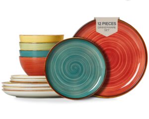 onemore plates and bowls set - microwavable, oven & dishwasher safe porcelain dinnerware set - scratch resistant, ceramic dish set for 4(12pcs) - assorted colors