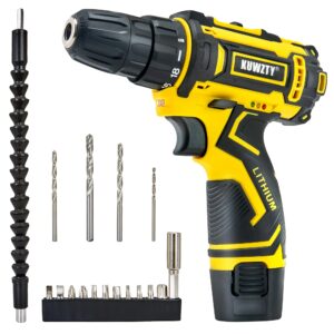 kuwzty cordless drill set, 12v lithium ion power drill with battery and charger, compact driver/drill kit, 3/8-inch keyless chuck, 2 variable speed, 18+1 position and led light and 15pcs accessories