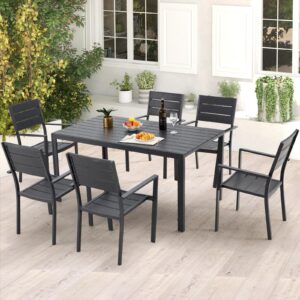 u-max 7-piece aluminum outdoor dining set, patio table and chairs set for 6 morden outdoor furniture set with aluminum frames, rectangular table and stackable chairs for garden, black