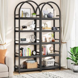 tribesigns 5-tier open bookshelf, 74.4" industrial arched bookcase storage shelves with metal frame, farmhouse storage rack tall standing bookshelves for bedroom, living room, home office