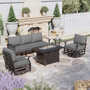 kurapika aluminum patio furniture set 5-seat modern metal outdoor conversation sets w/45in propane fire pit table, swivel rocking chairs patio sectional sofa w/5.1 inch cushion, grey