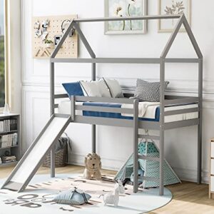 lostcat twin size loft bed with slide, house shaped solid pine wood bed frame with safety guardrail & ladder, no box spring needed, save space design for kids, teens, girls, boys, grey