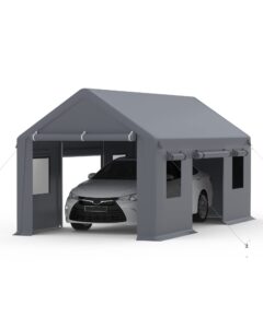 gaomon 13'x20'carport, heavy duty portable garage, with 4 roll-up doors & 4 ventilated windows, reinforced steel poles & 180 g pe waterproof canopy, for pickup truck, and boat, silver gray