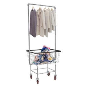 wire laundry cart with hanging rack, wire laundry basket with wheels 27''x22''x67'', commercial wire laundry basket cart with drying rod, galvanized steel frame with 5'' casters, wire basket cart