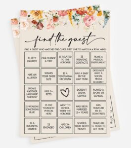 all ewired up 50 find the guest bingo game (50-cards) fun baby shower game activity, bridal shower, wedding decorations, rehearsal dinner, engagement party, wildflower, boho, girl