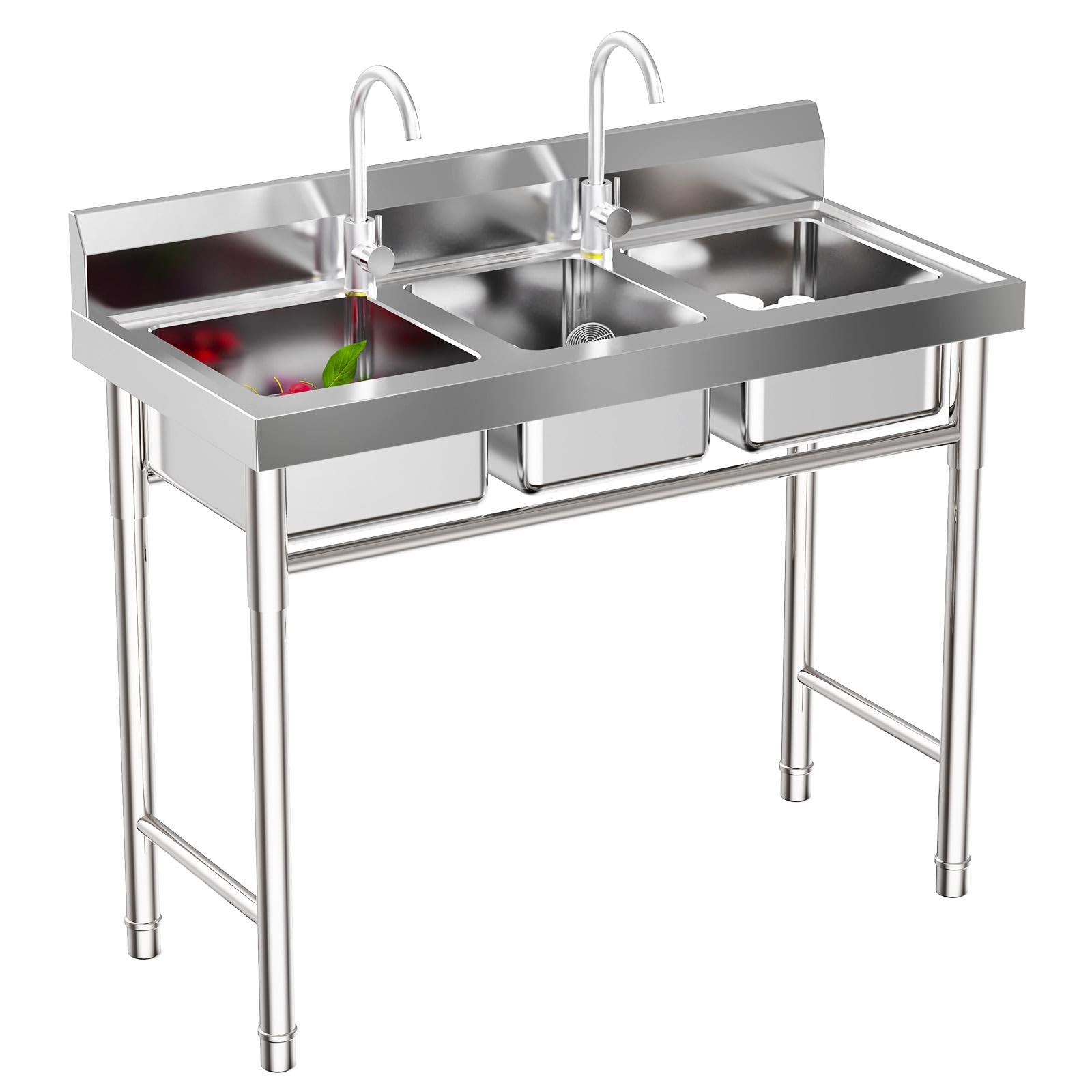 YIYIONCE 3 Compartment Sink 304 Stainless Steel Kitchen Sink Freestanding Utility Sink with 2 Hot & Cold Faucet Commercial Triple Bowl Sink for Bar, Restaurant Each Sink 11"L x 9"W x 7"H| US STOCK