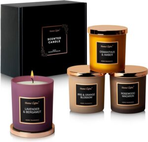 4 pack scented candles gifts set, homelights aromatherapy candles for home decoration, natural soy wax, over 140 hours burn of time (woody+gourmand)