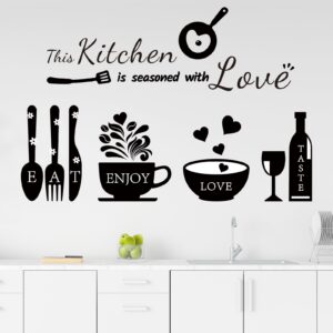 rotumaty kitchen quote wall stickers kitchen seasoned with love wall decals wall art kitchen utensil decorations wall decor for dining room home office school coffee shop