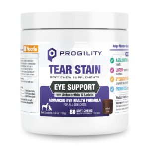 nootie progility tear stain supplement for dogs, advanced eye health formula, helps minimize tear stains, 80 chews, sold in over 10,000 vet clinics and pet stores worldwide