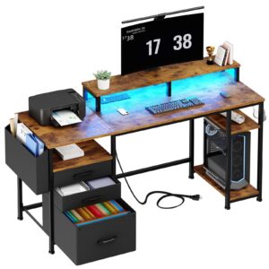 lufeiya computer desk with fabric file drawers cabinet, 55 inch home office desk with shelves monitor stand, study writing gaming desks with led lights and power outlets for bedroom, rustic brown