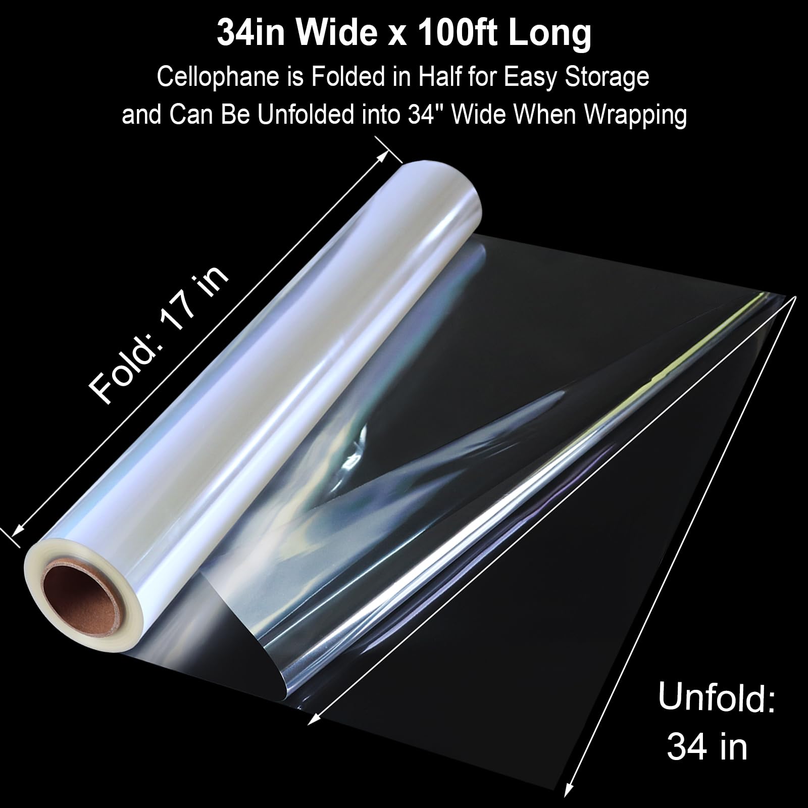 SYOGUA 100 ft Clear Cellophane Wrap Roll 34" x 100' Extra Wide Clear Wrapping Paper, Transparent Thicker Clear Cellophane Paper Gift Baskets Wrap Cellophane Roll for Treats, Gifts, Holiday, Christmas