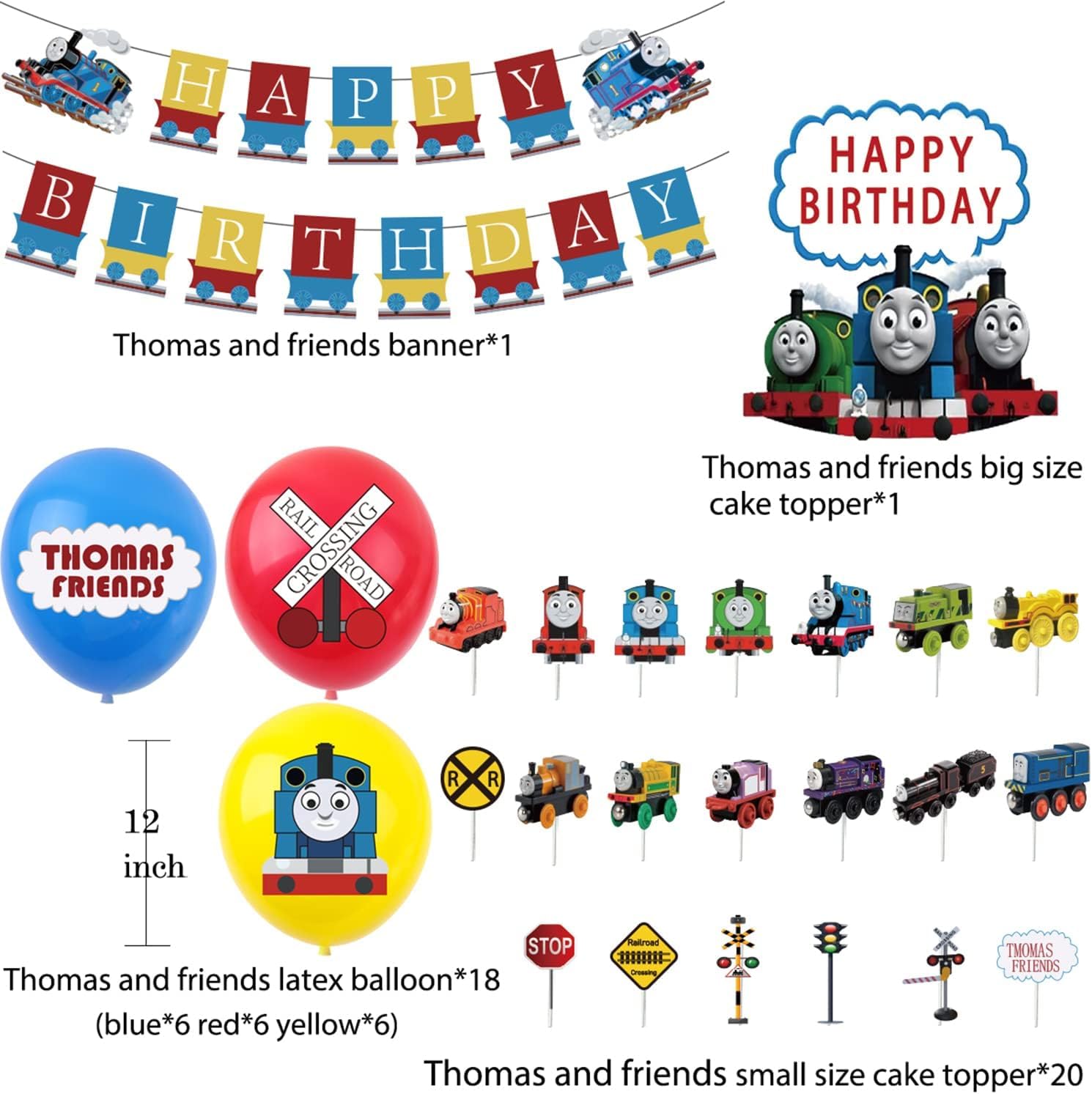 HANJIEJIE Thomas Train birthday party supplies,Thomas Train party including cake caps, cupcake caps, flags, Latex Balloons, It is very suitable for boy's and girl themed birthday party supplies.