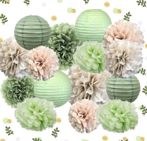 sage green hanging party decorations for baby bridal shower boho wedding birthday supplies in wall decor with tissue pom poms and lanterns (boho green)